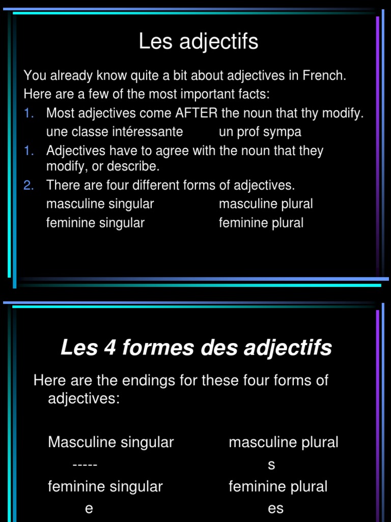 Les adjectifs-BANGS | PDF | Grammatical Number | Grammatical Gender