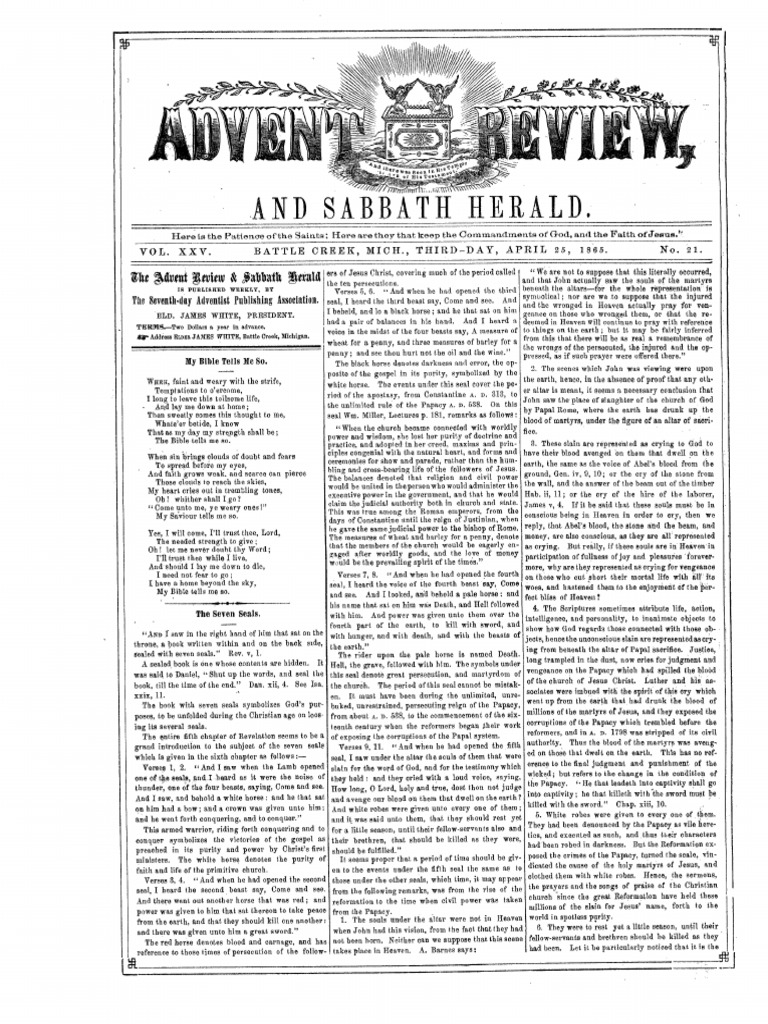 Advent Review, and Sabbath Herald - April 25, 1865 PDF | PDF | Last ...