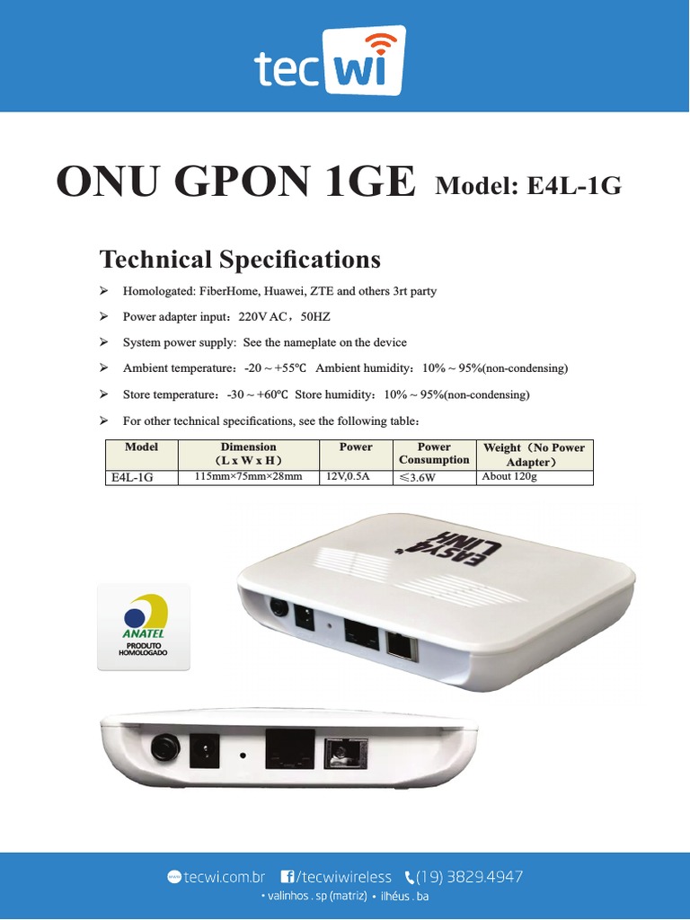 DATASHEET - Onu Gpon E4l 1G | PDF | Network Protocols | Data Transmission