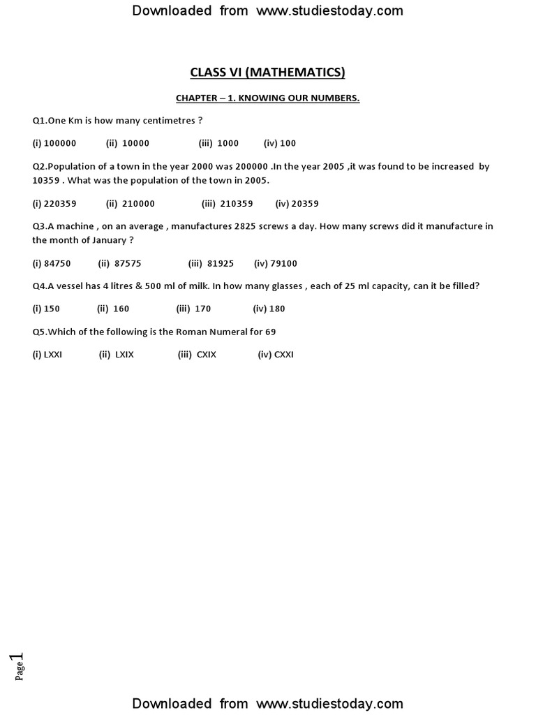 CBSE Class 6 Maths MCQs-All Chapters | PDF | Technology & Engineering