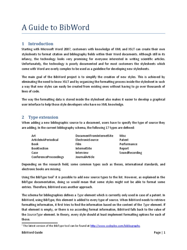 A Guide To Bibword: The Latest Version of The Bibtype Tool Can Be Found ...