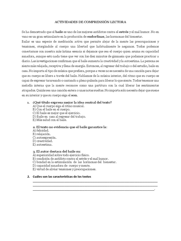ACTIVIDADES DE COMPRENSIÓN LECTORA Bach | PDF