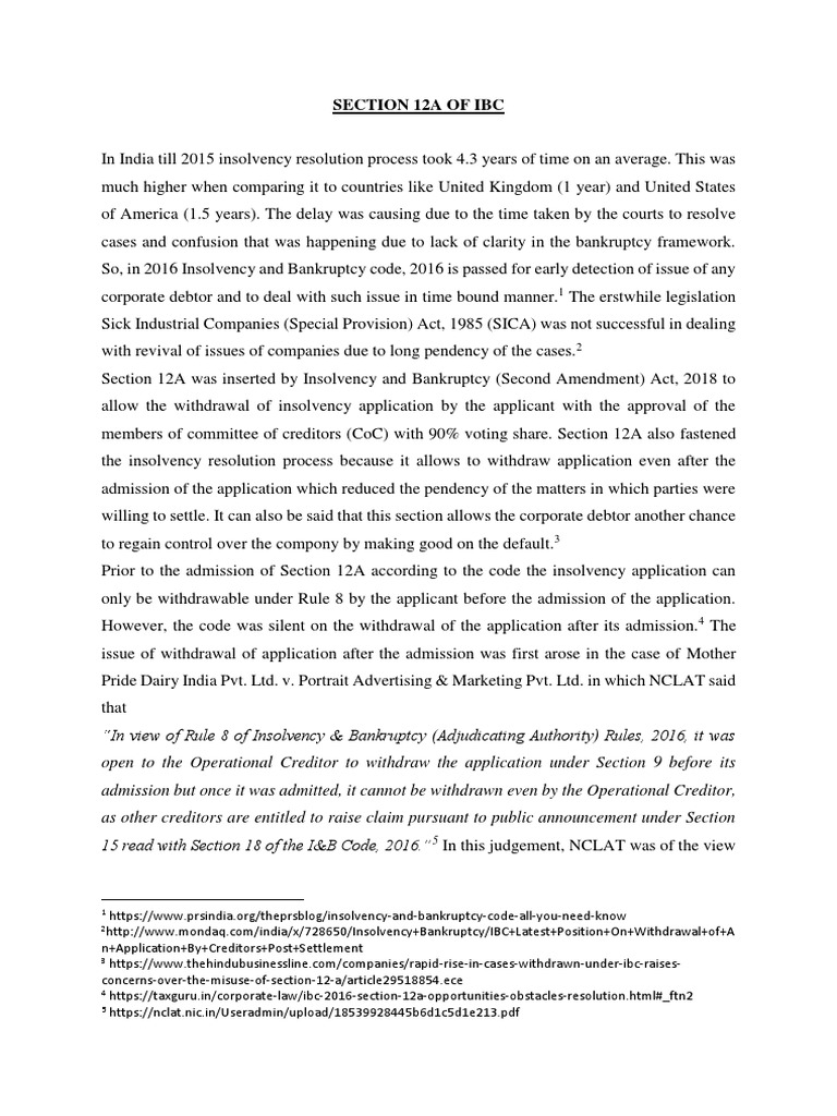 Article On SECTION 12A OF IBC | PDF | Bankruptcy | Supreme Courts