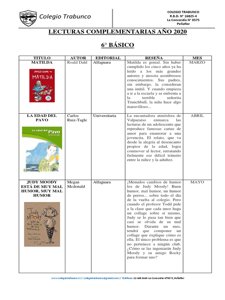 LIBROS LECTURA COMPLEMENTARIA 6 Básico 2020 | PDF