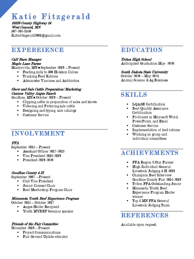 Katie Fitzgerald Resume | PDF | Cattle | Beef