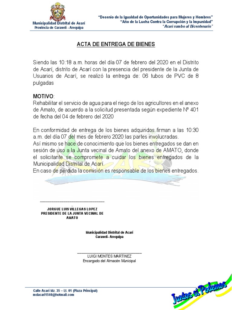 Acta de Entrega de Materiales | PDF | Gobierno