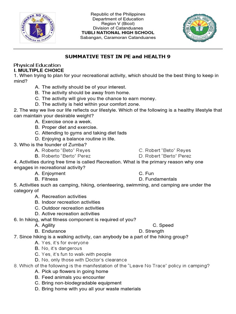 PE and Health 9 Summative Test | PDF | Bullying | Violence
