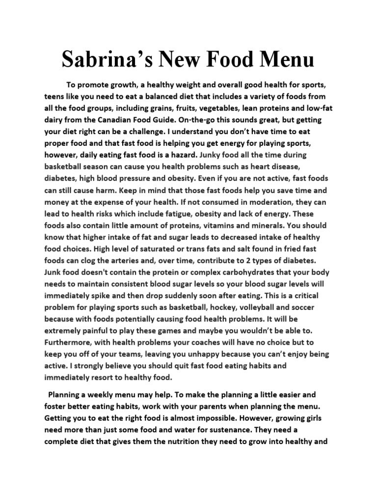 Sabrina's New Food Menu | PDF | Foods | Nutrition