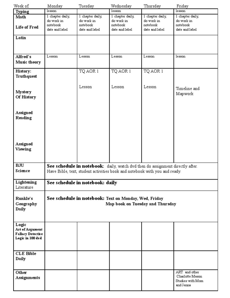 Weekly Homeschool Lesson Plan | PDF
