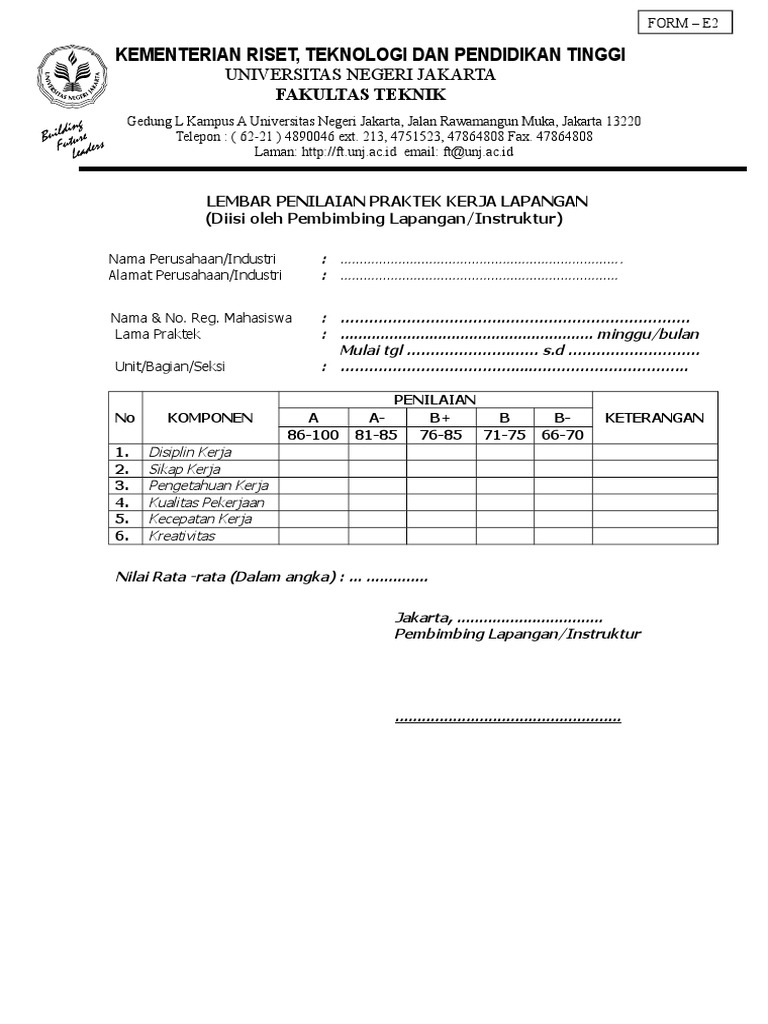 Lembar Penilaian PKL Form 2 | PDF