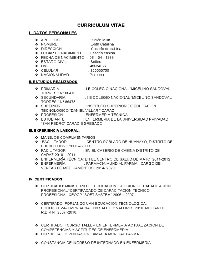 CV de Edith Catalina Salón Milla | PDF