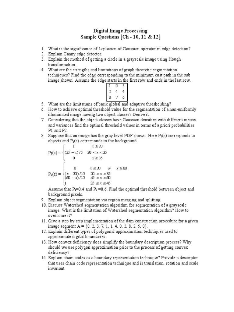Digital Image Processing Sample Questions (CH - 10, 11 & 12) | PDF ...