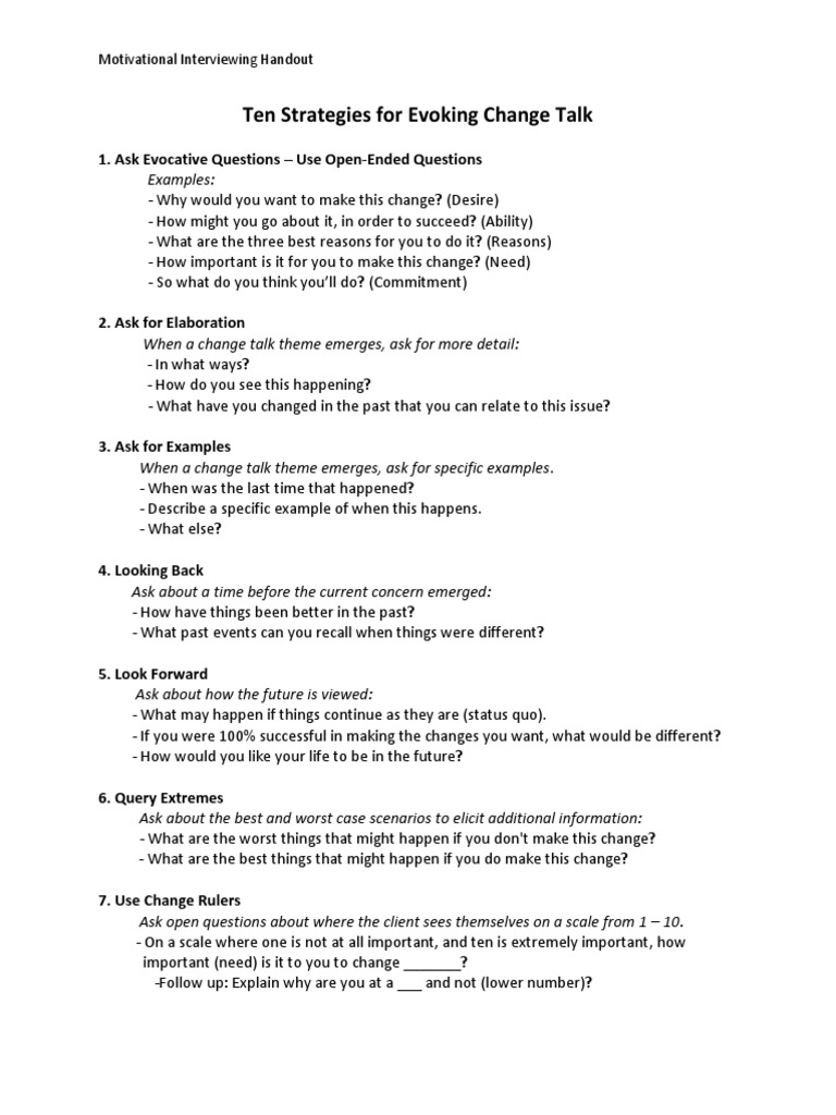 Ten Strategies Handout Change Talk | PDF | Metaphysics Of Mind ...