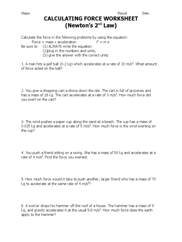 Calculating Force Worksheet | PDF | Weight | Mass