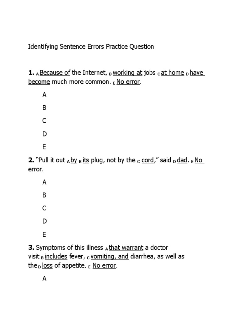Identifying Sentence Errors Practice Question | PDF