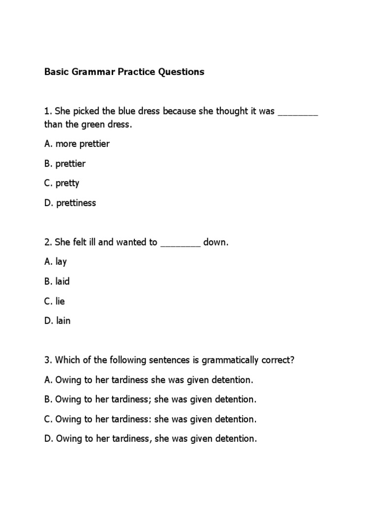 Basic Grammar Practice Questions | PDF | Language Arts & Discipline