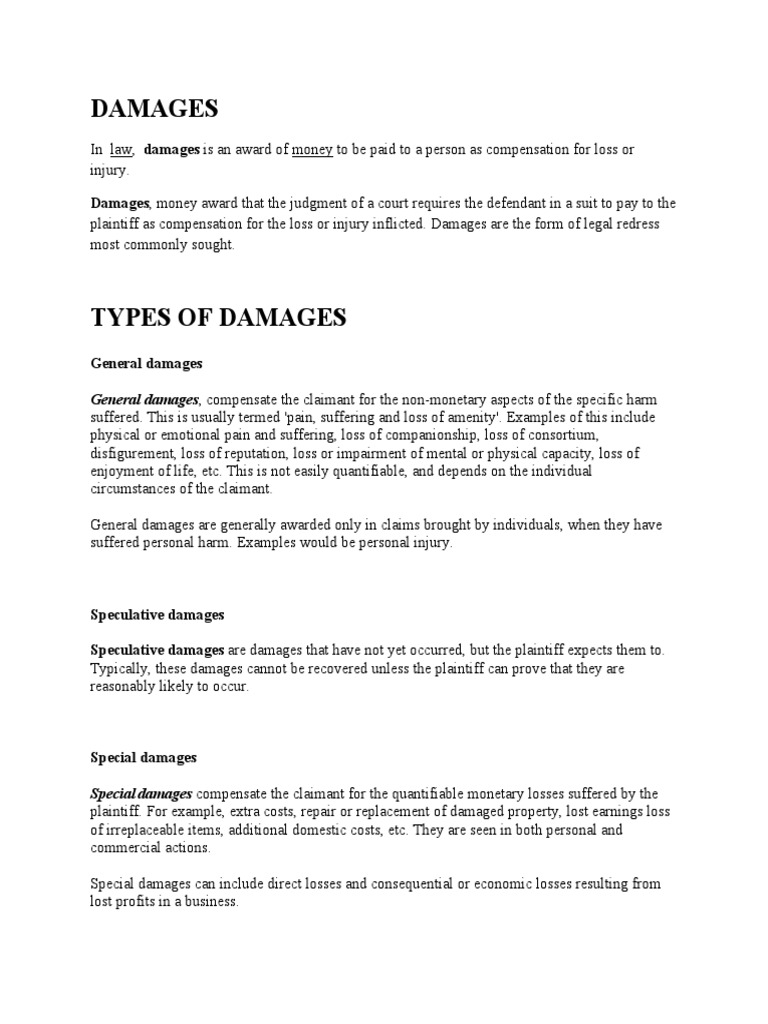 Damages: Damages, Money Award That The Judgment of A Court Requires The ...