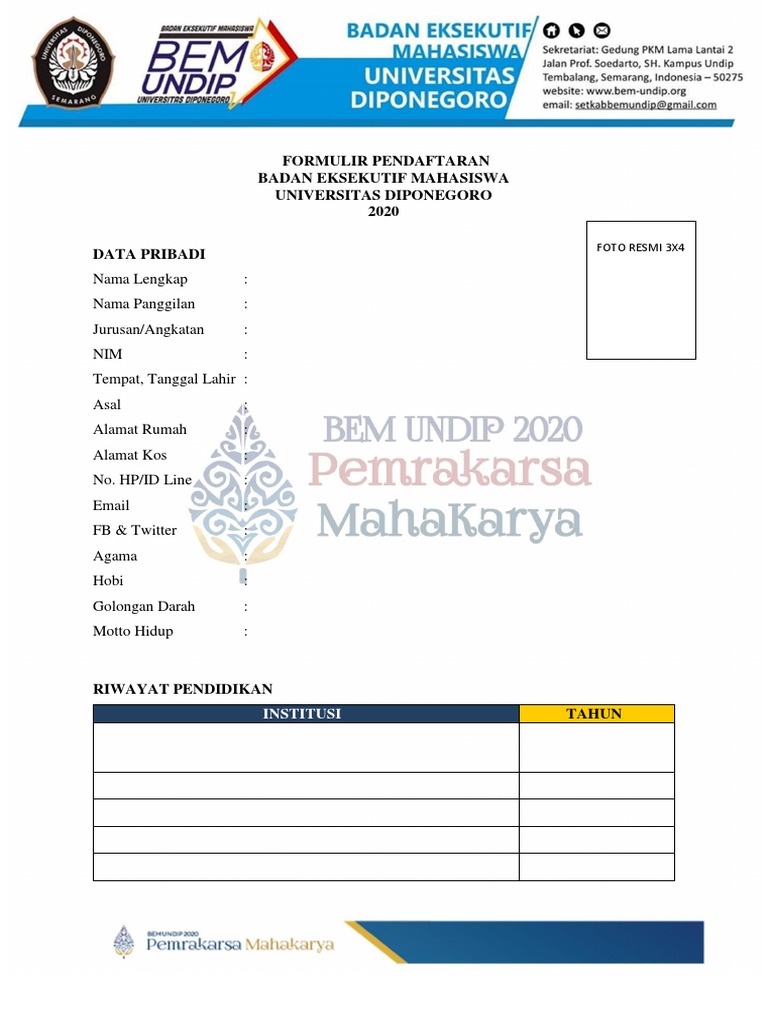 Formulir Pendaftaran Oprec Staf Bem Undip 2020 | PDF