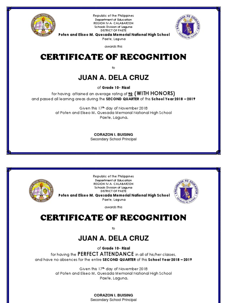 Official Certificate Recognition Honors | PDF | Secondary Education ...