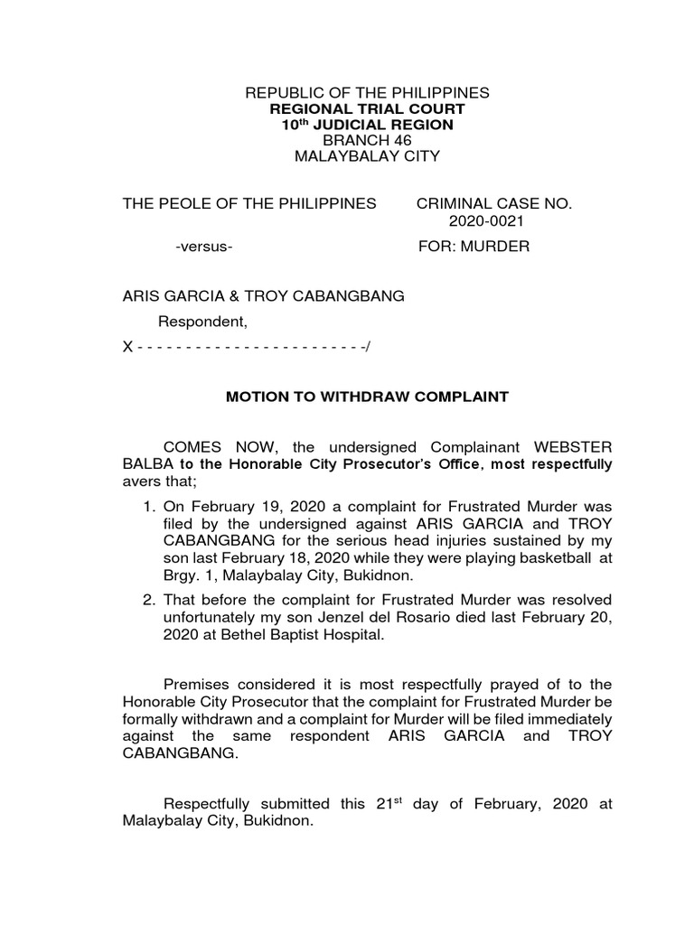 Motion To Withdraw Complaint