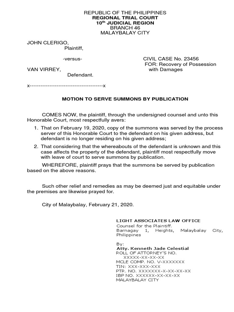 Motion To Serve Summons by Publication | PDF | Summons | Plaintiff