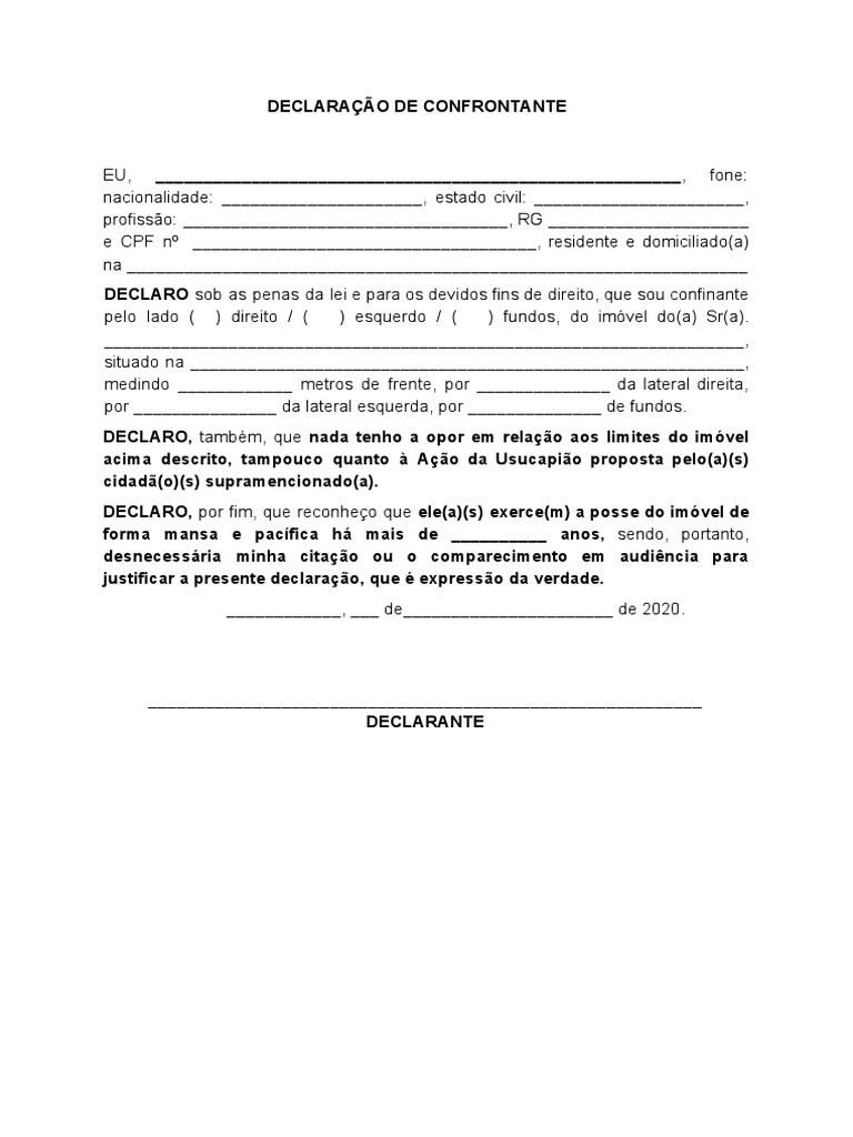 Usucapião - Declaração de Confrontante - Modelo | PDF Usucapião - Declaração de Confrontante - Modelo | PDF
