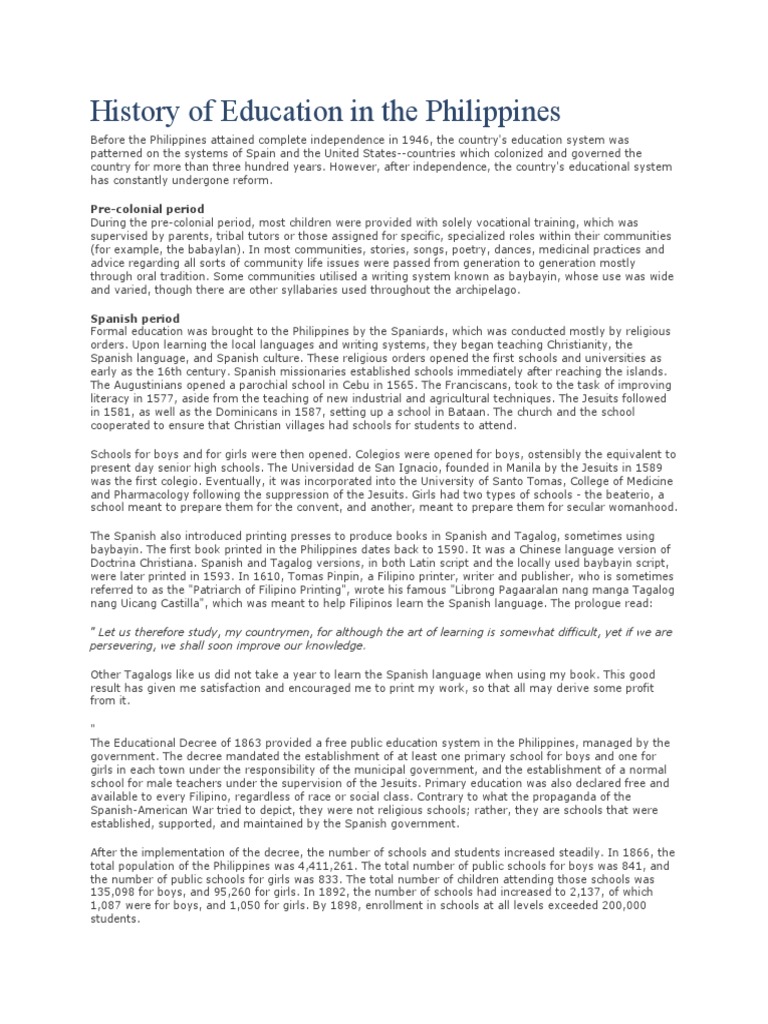 History of Education in The Philippines | PDF | Philippines | Schools