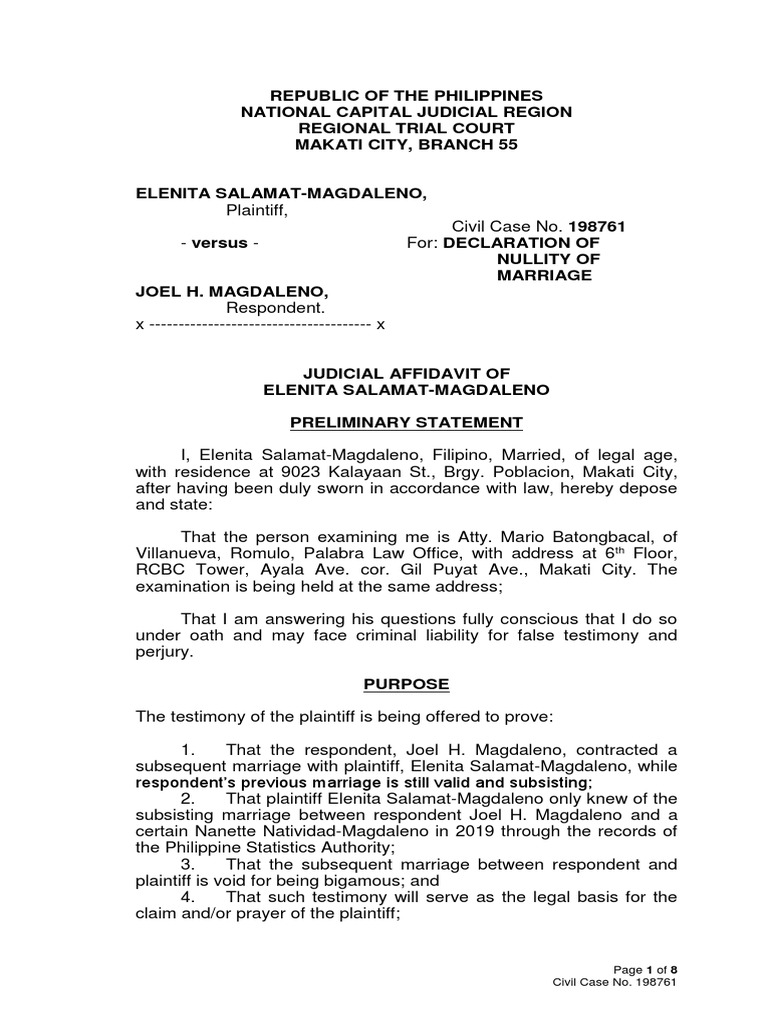 Petition for Nullity of Bigamous Marriage | PDF | Affidavit | Perjury