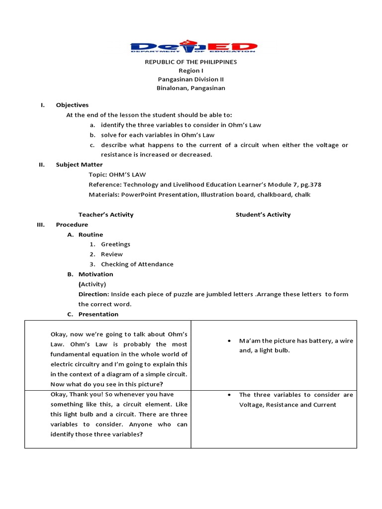 Lesson Plan Ohms Law | PDF | Electric Current | Volt