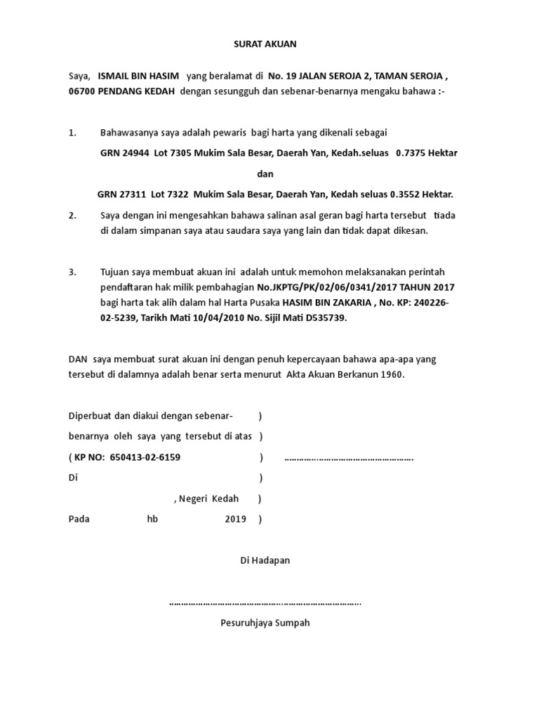 Surat Akuan Waris Harta Pusaka | PDF