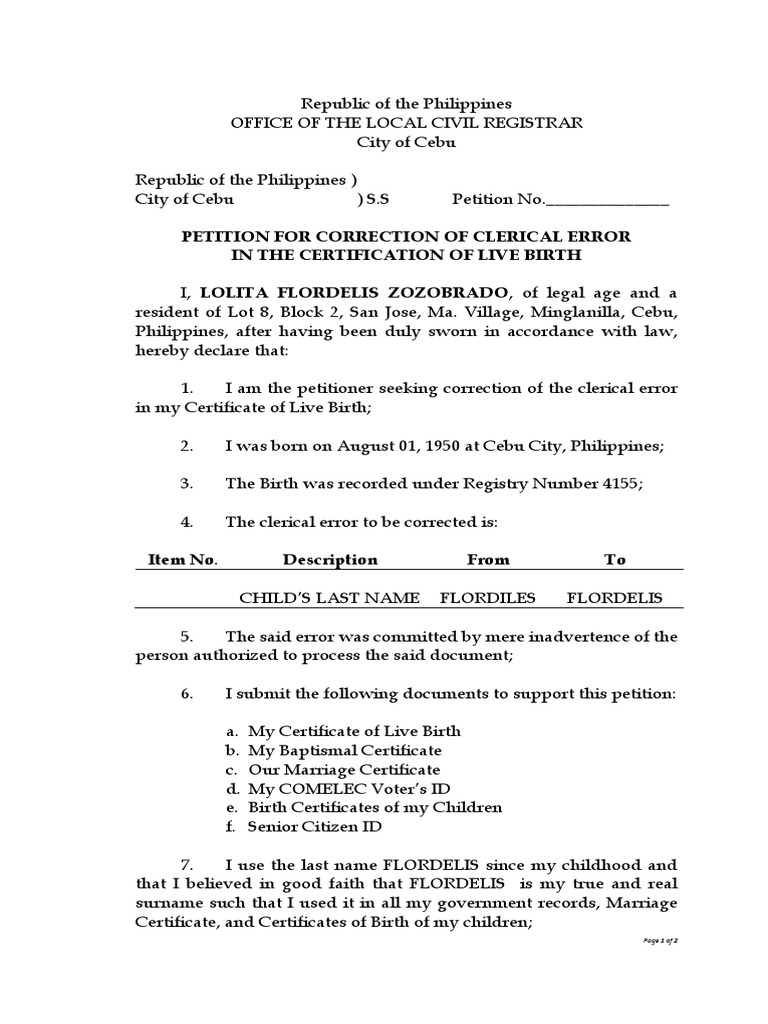 Petition for Correction of Birth Entry | PDF | Affidavit | Social ...