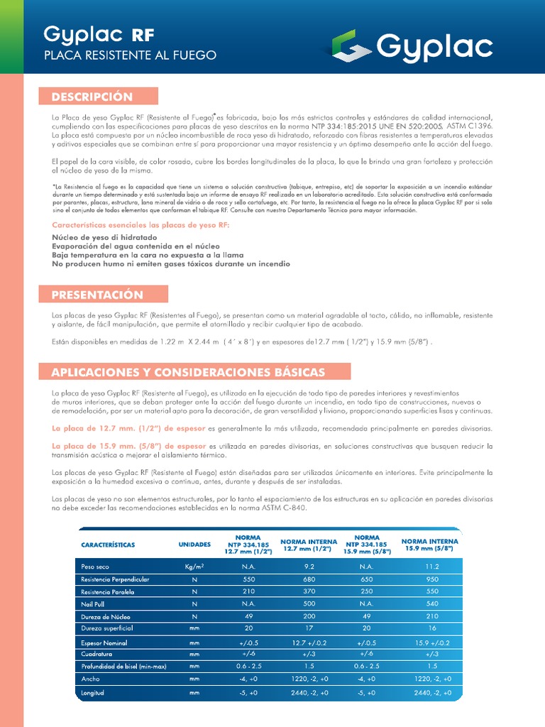 Ficha-Gyplac-Rf Drywall Resistente Al Fuego Eternit | PDF