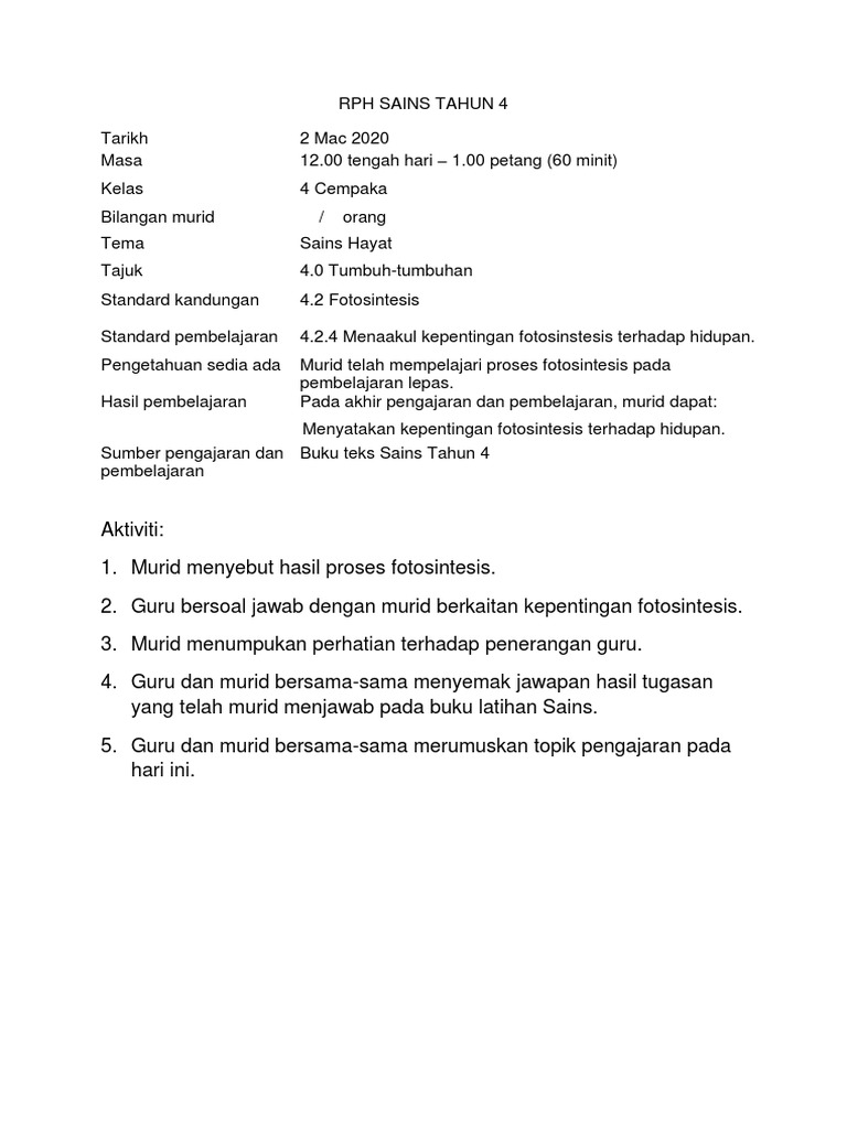 Ringkasan RPH SAINS TAHUN 4 | PDF