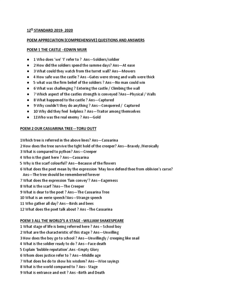 Poetry Analysis: Comprehensive Questions and Answers for Poems 1-6 | PDF