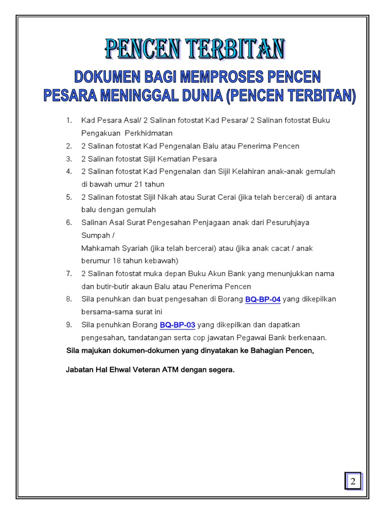 Dokumen Bagi Memproses Pencen Pesara Meninggal Dunia Pencen Terbitan | PDF