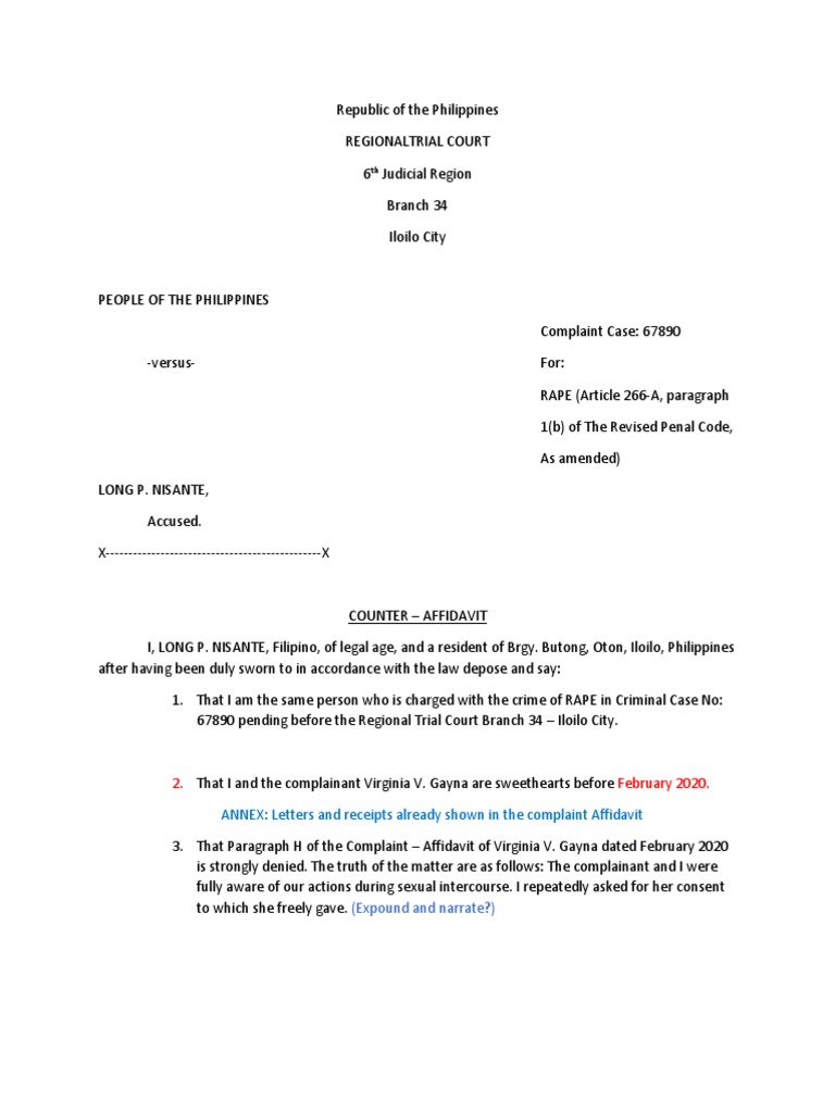 RTC Iloilo Rape Case Counter Affidavit | PDF | Affidavit | Misconduct