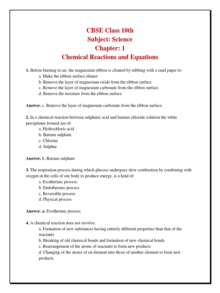 Cbse Class 10 Science Chapter 1 Mcqs | PDF | Chemical Reactions ...
