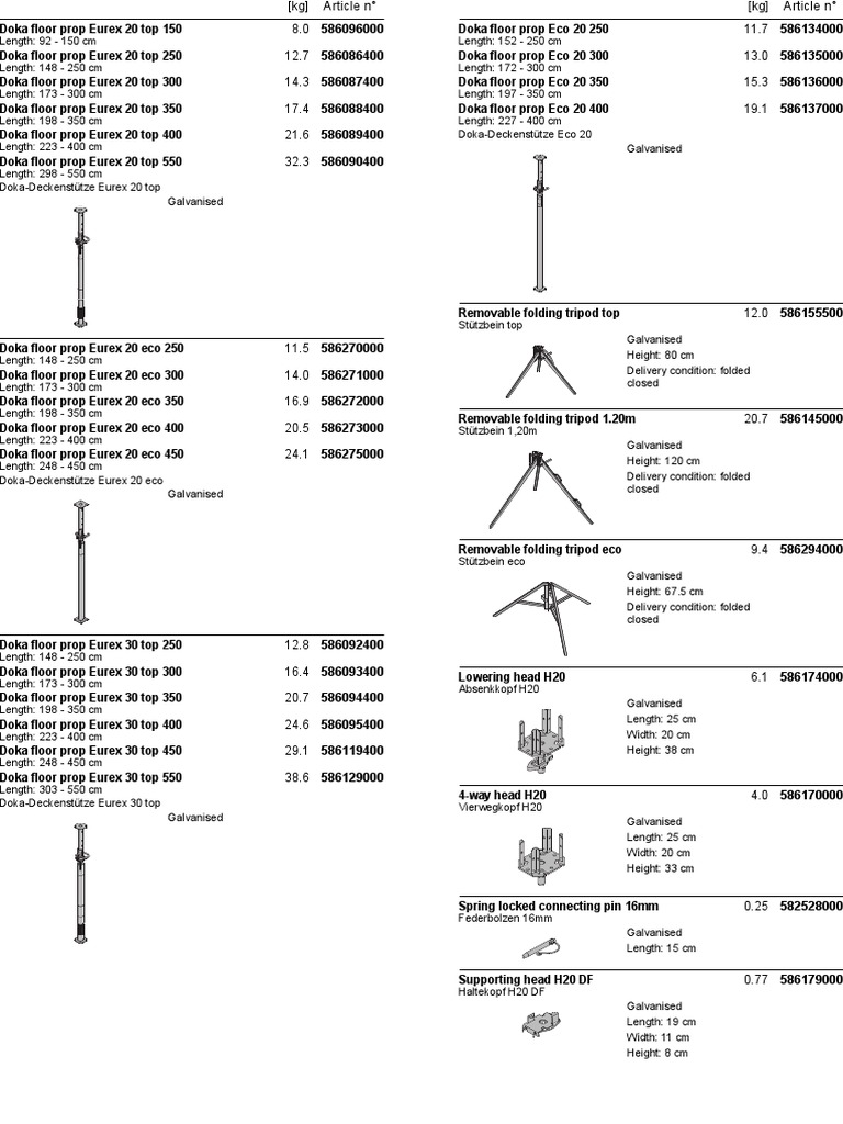 Doka Floor Props and Accessories List | PDF | Scaffolding | Crafts