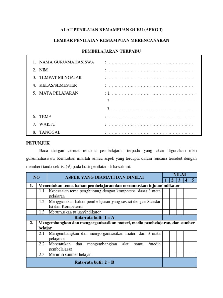Apkg 1 (Lembar Penilaian Kemampuan Merencanakan Pembelajaran Terpadu Untuk Tutor Dan Pengamat ...