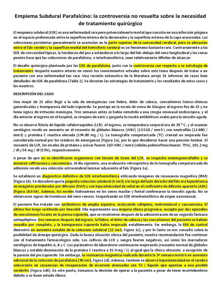 Empiema Subdural Parafalcino | PDF | Meningitis | Cirugía
