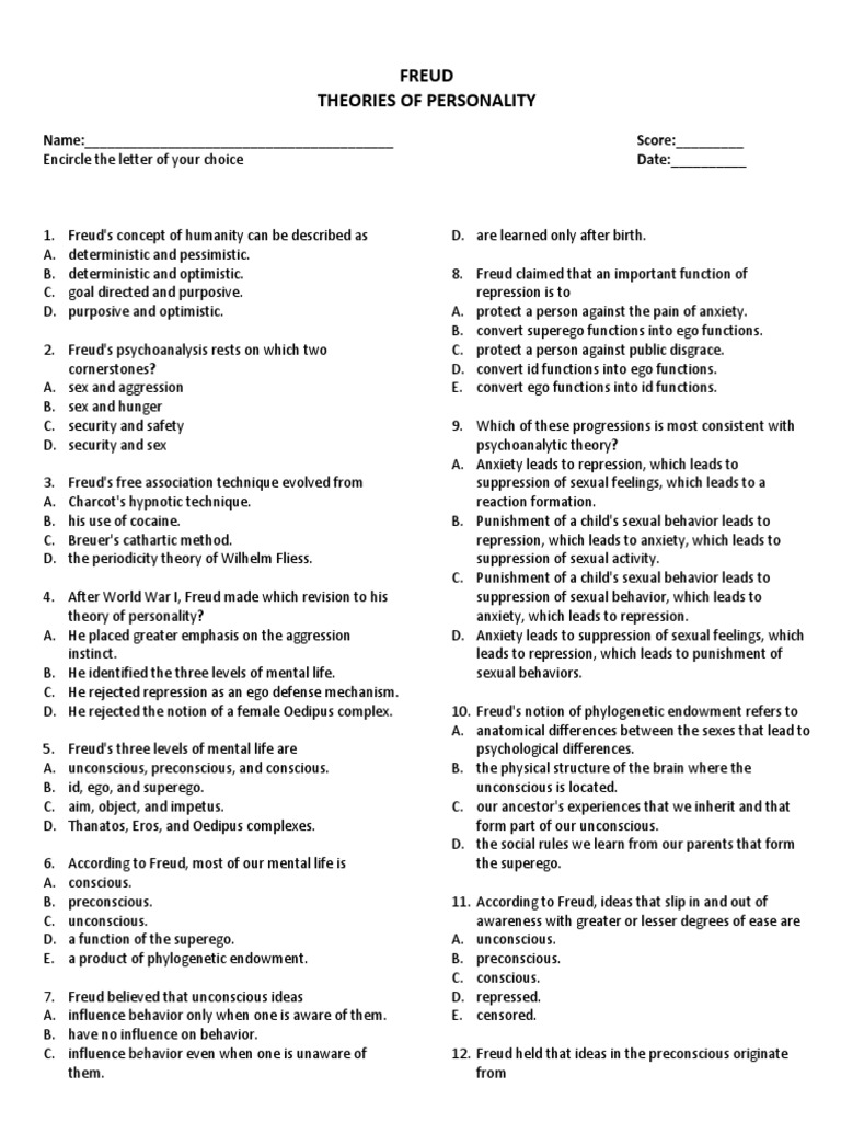 1 Freud QUIZ | PDF | Id | Unconscious Mind