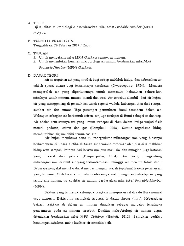 Laporan Praktikum MPN Coliform Kelompok 2 | PDF