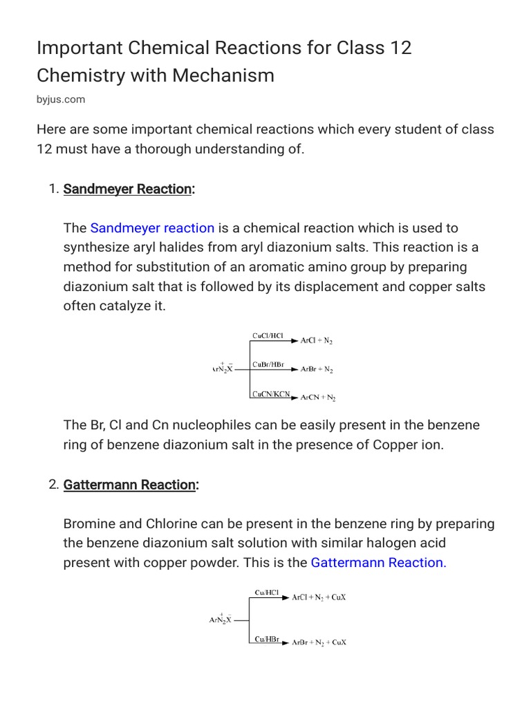 Key Organic Reactions for Class 12 | PDF | Amine | Chemical Reactions