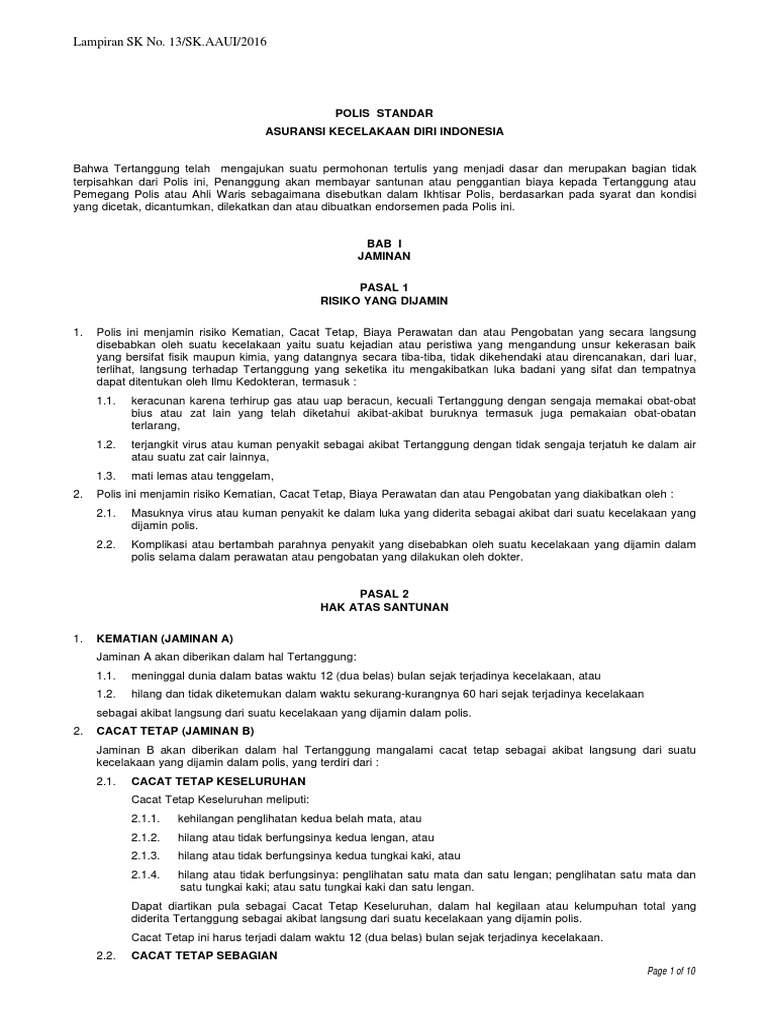 Wording Polis Standar Asuransi Kecelakaan Diri Indonesia | PDF
