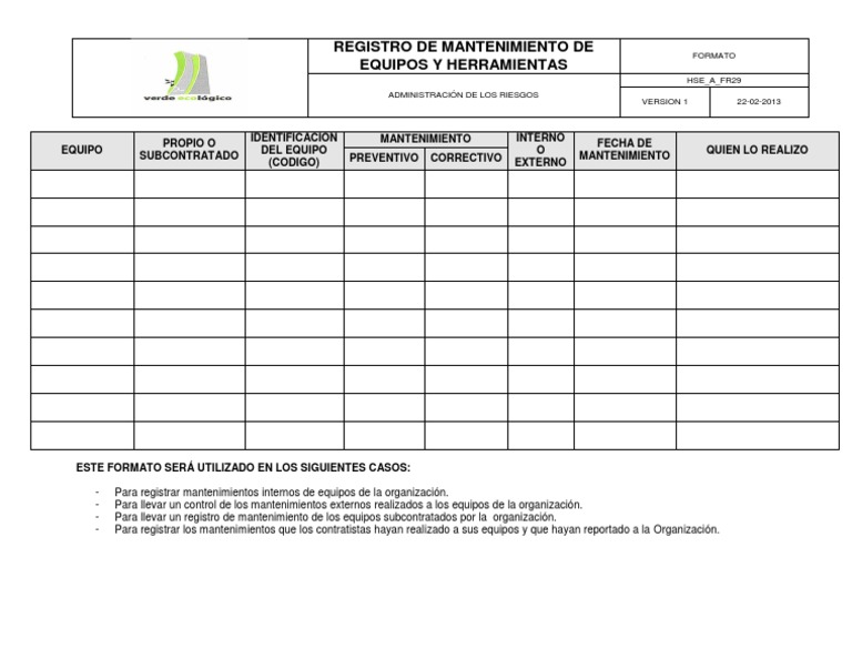 Hse - A - FR29 - Registro de Mantenimiento de Equipos y Herra | PDF