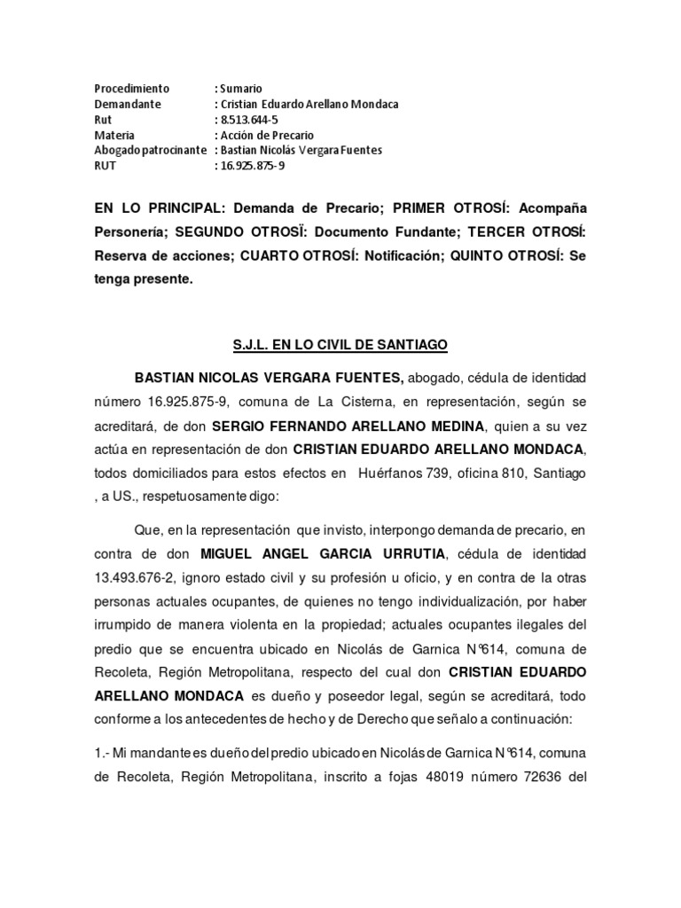 Demanda Precario | PDF | Propiedad | Tolerancia