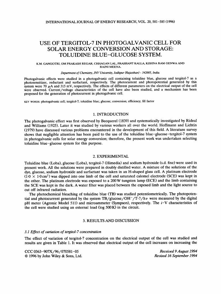 Use of Tergitol-7 in Photogalvanic Cell For Solar Energy | PDF | Redox | Ph