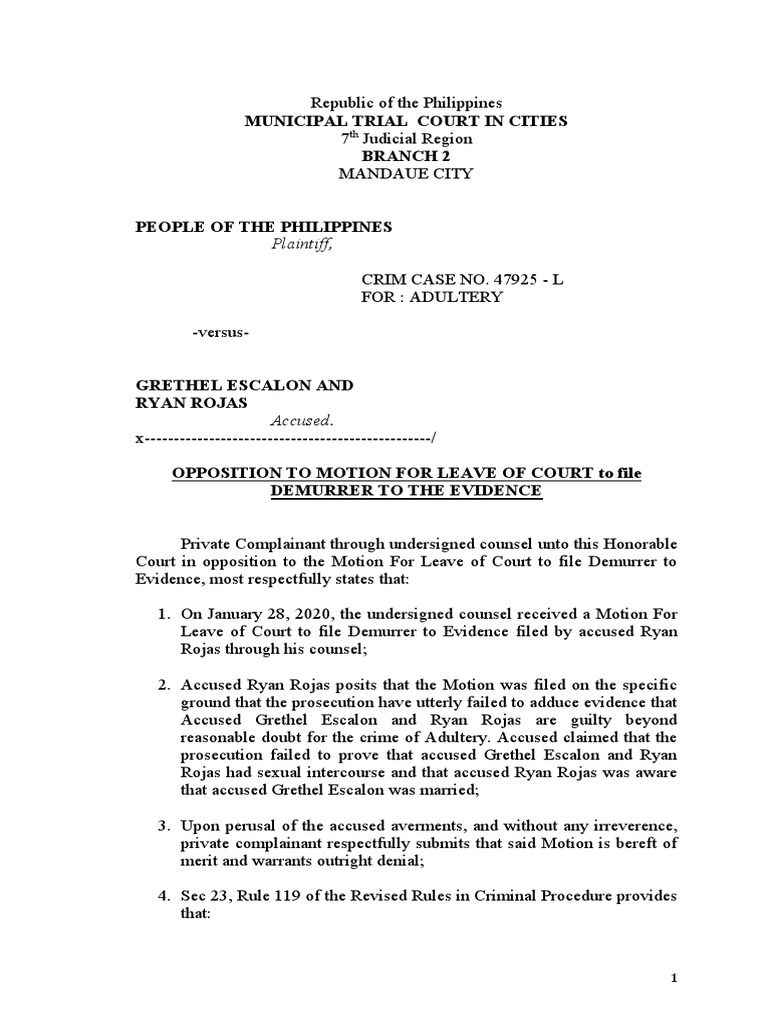 Opposition to Motion for Leave to File Demurrer to Evidence | Demurrer ...