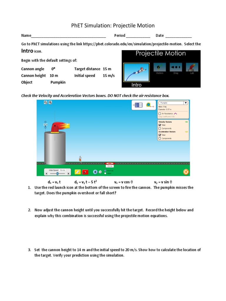 PhET Projectile Motion Lab Guide | PDF | Drag (Physics) | Spacetime