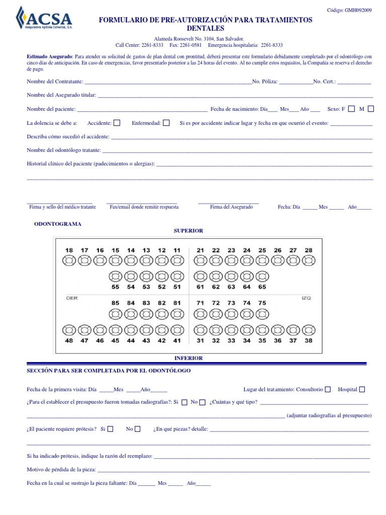 Formulario de Pre Autorizacion Gastos Dentales-Acsa | PDF